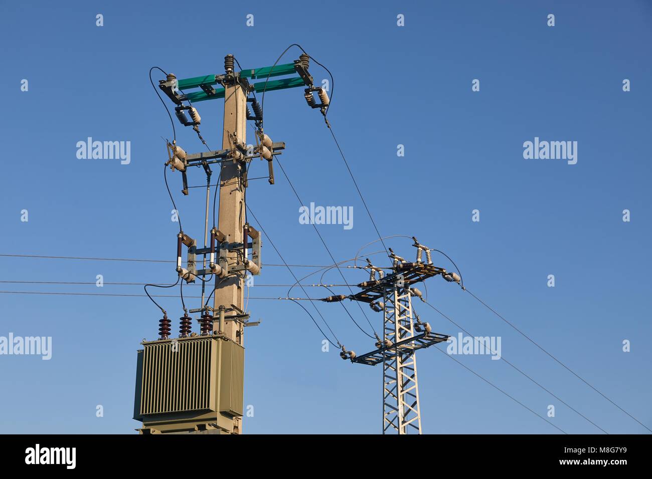 Electric line with transformer Stock Photo - Alamy