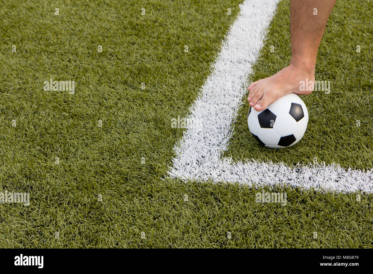 man foot on the soccer ball on field morning Stock Photo - Alamy