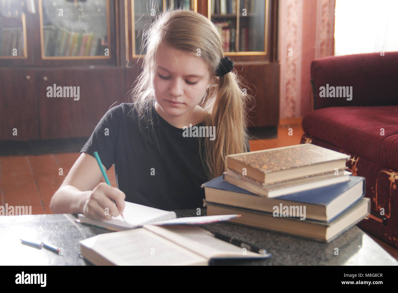 Portrait of a girl teen doing lessons at home Stock Photo - Alamy