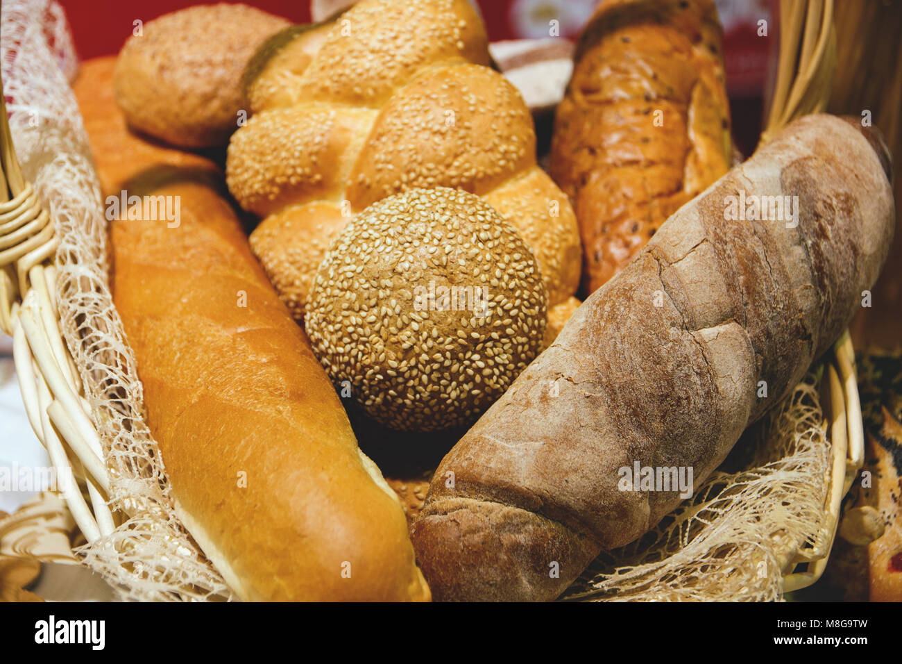 freshly baked bread and bakery products on the counter. background ...