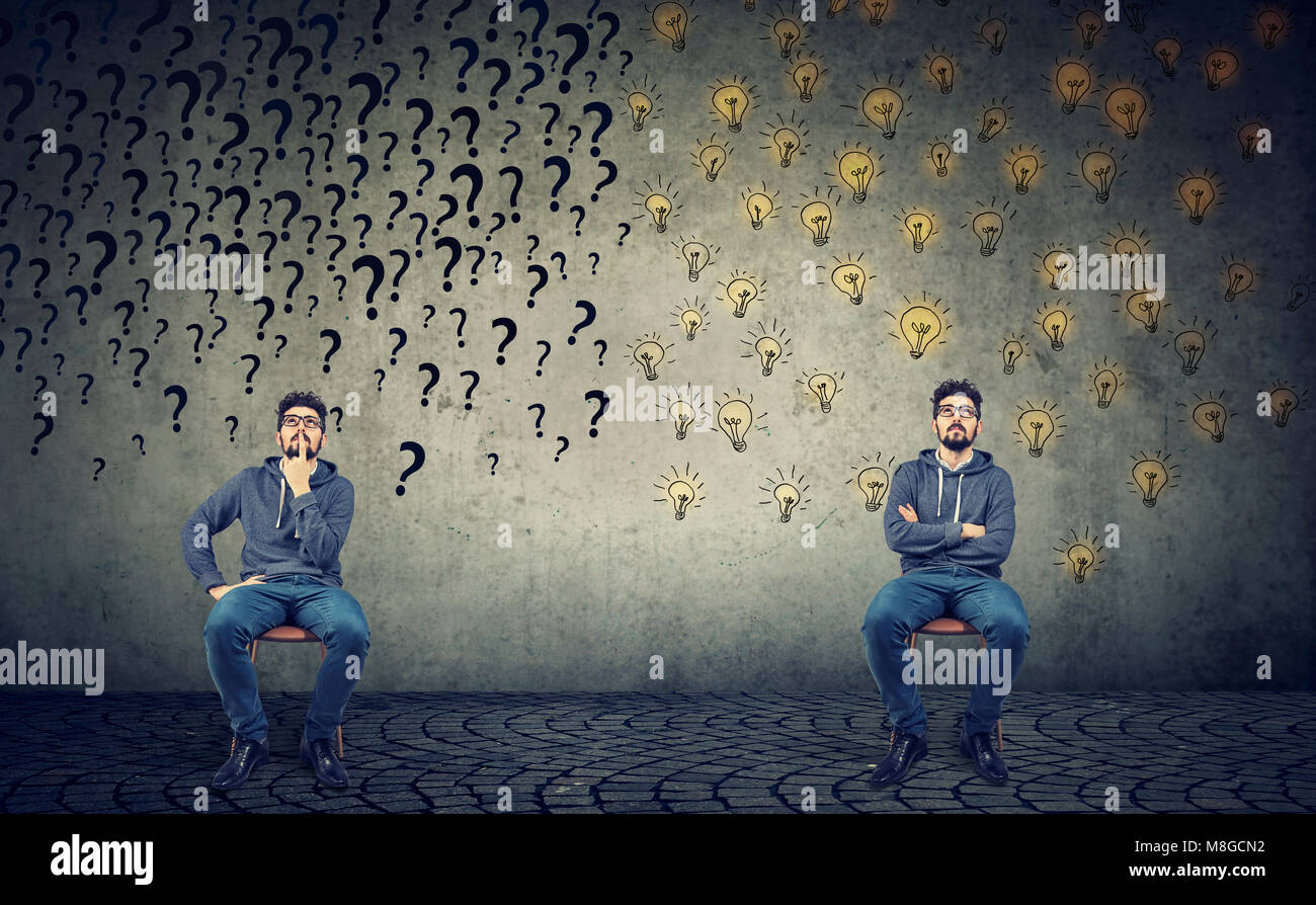 Two young men sitting next to each other one has many questions another ...