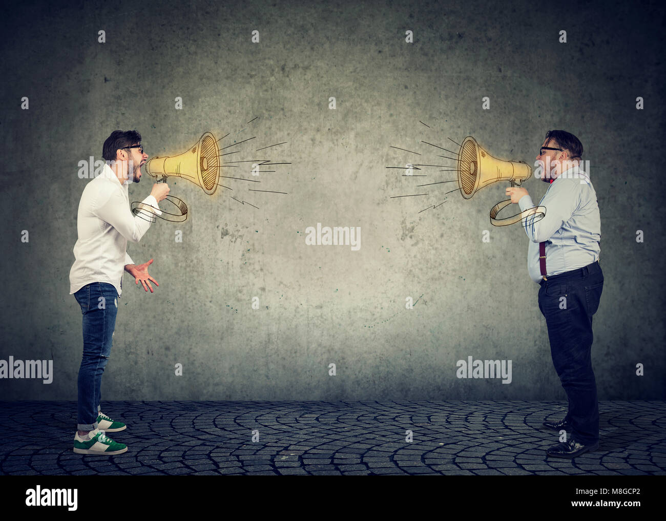 Businessmen screaming into a megaphone at each other having an angry ...
