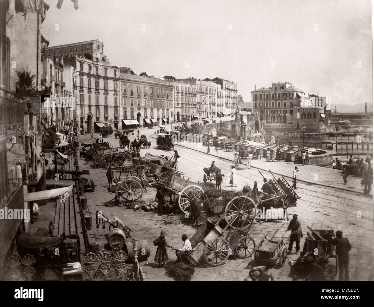 c.1880s Italy - busy market scene along the seafront in Naples Napoli ...