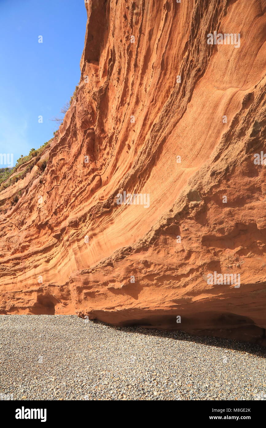 Red sand stone cliffs on the pebble beach in Ladram Bay in East Devon ...
