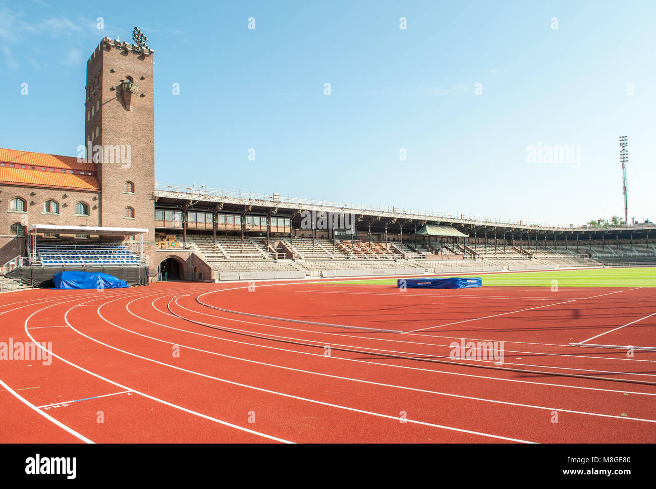 The clock tower at Stockholm Olympic Stadium, a classic stadium built ...