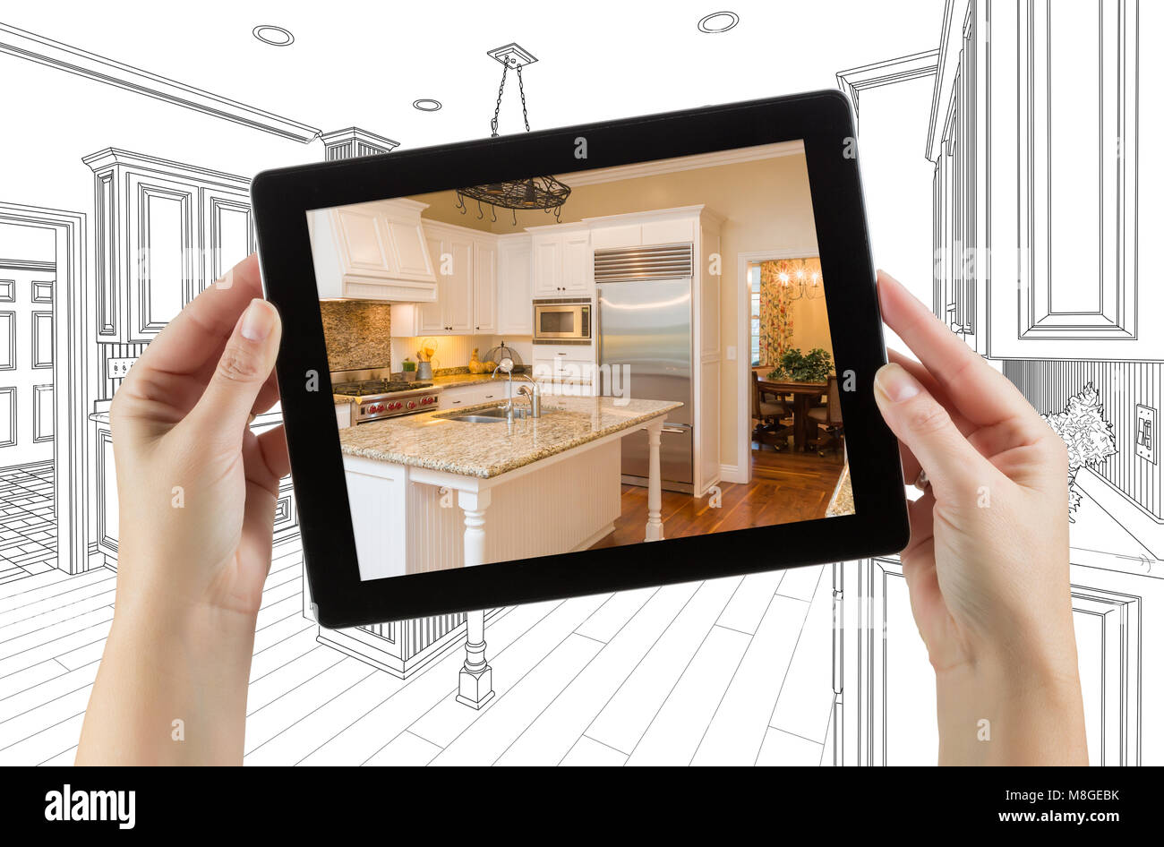 Female Hands Holding Computer Tablet with Kitchen on Screen & Drawing ...