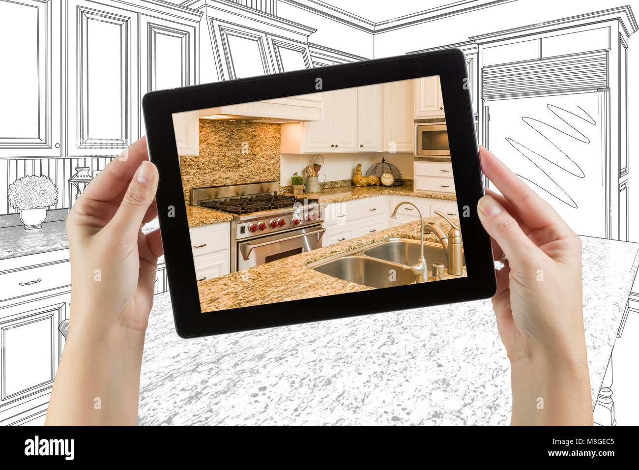 Female Hands Holding Computer Tablet with Kitchen on Screen & Drawing ...