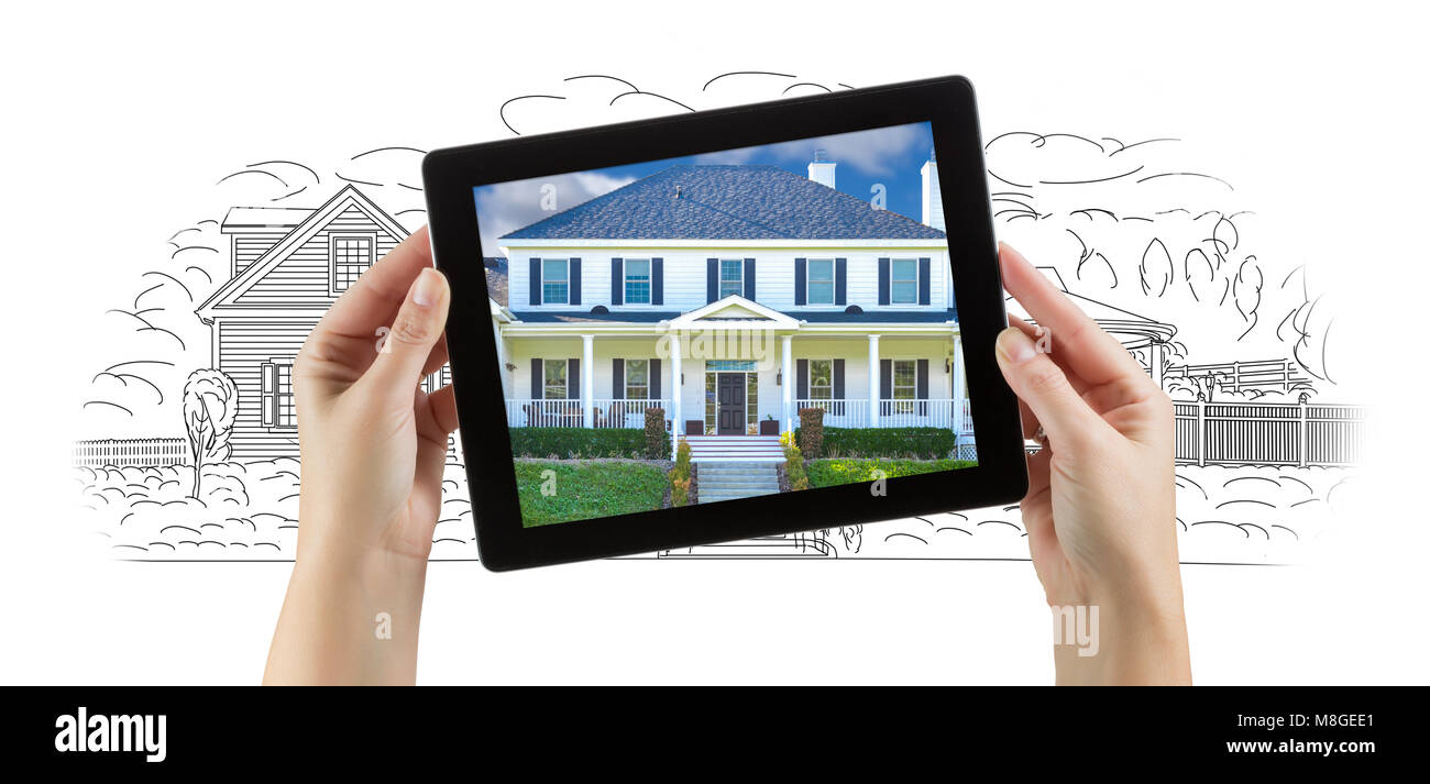 Female Hands Holding Computer Tablet with House Photo on Screen ...