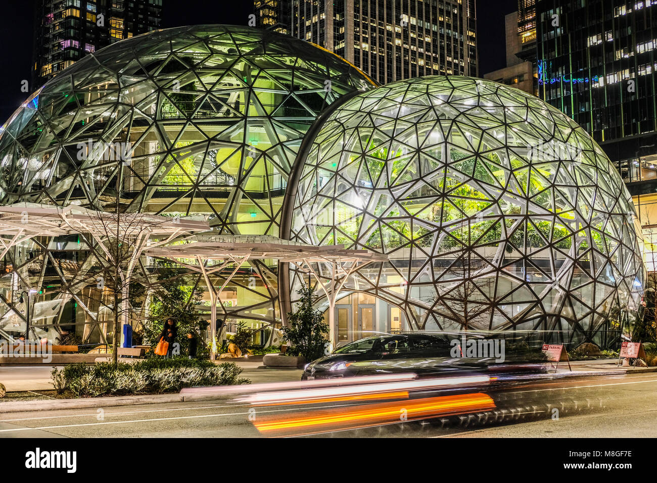 The glass dome Spheres at Amazon headquarter at night in downtown ...