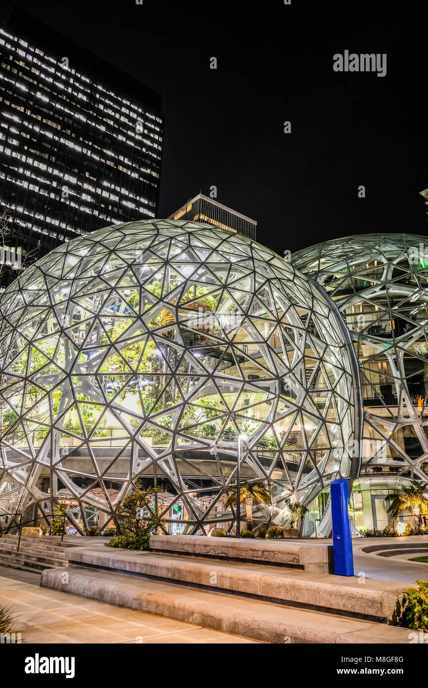 The glass dome Spheres at Amazon headquarter at night in downtown ...