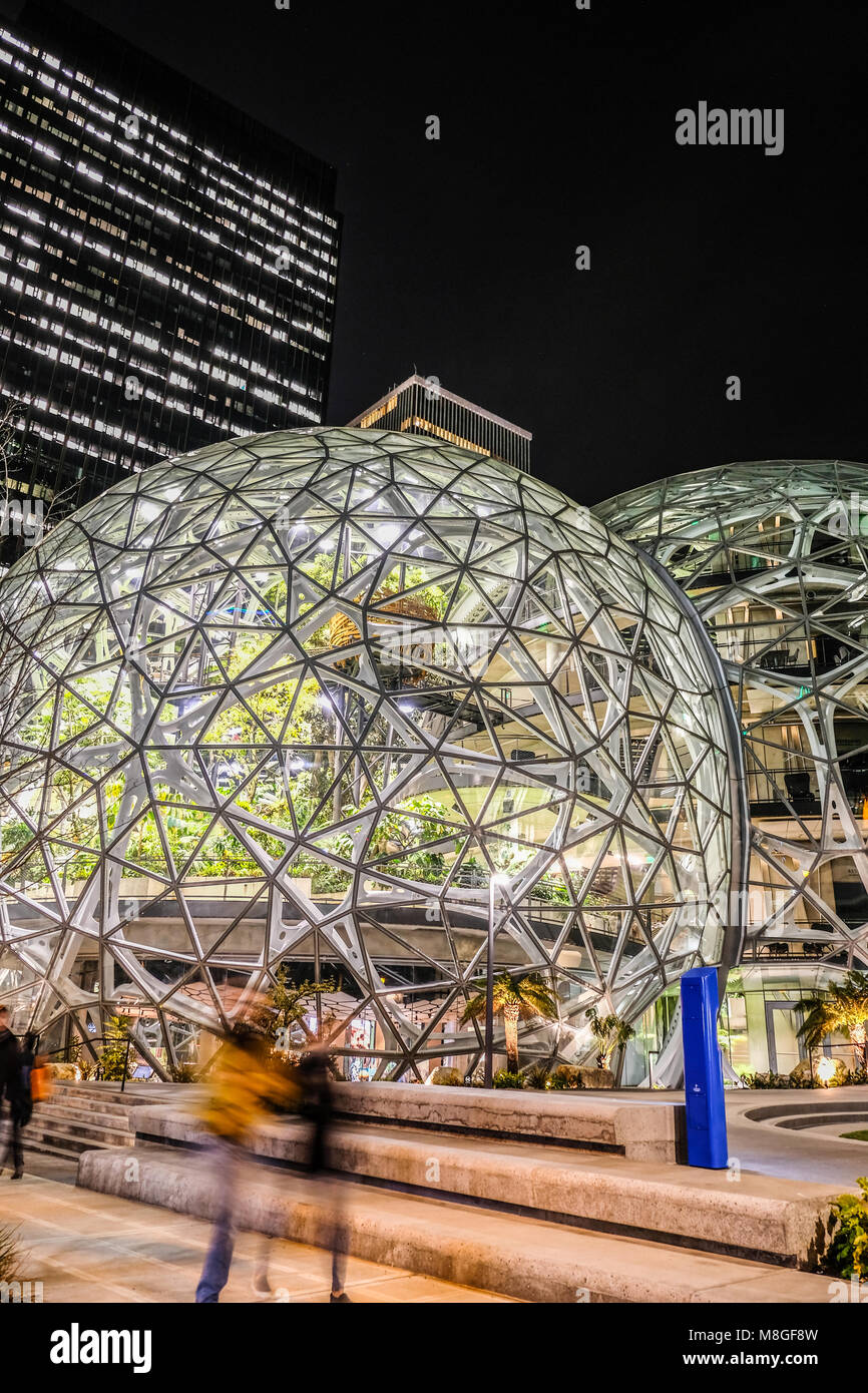 The glass dome Spheres at Amazon headquarter at night in downtown ...