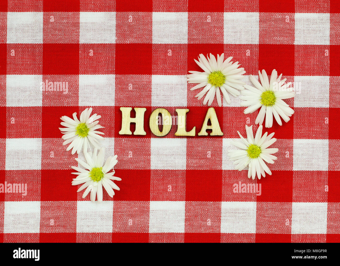 Hola (Hello in Spanish) written with wooden letters on red and white ...