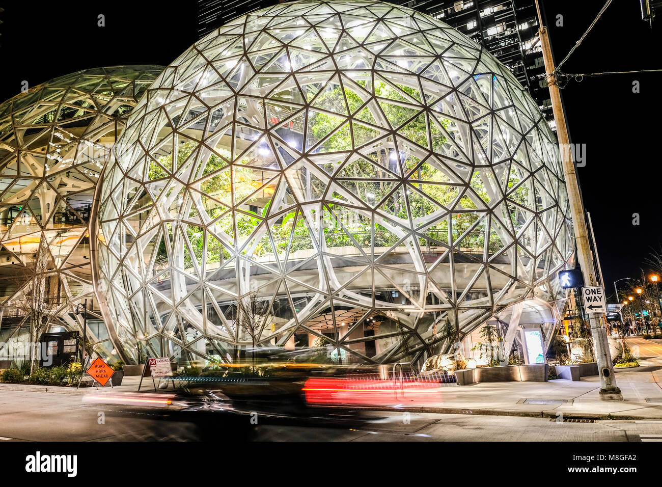 The glass dome Spheres at Amazon headquarter at night in downtown ...