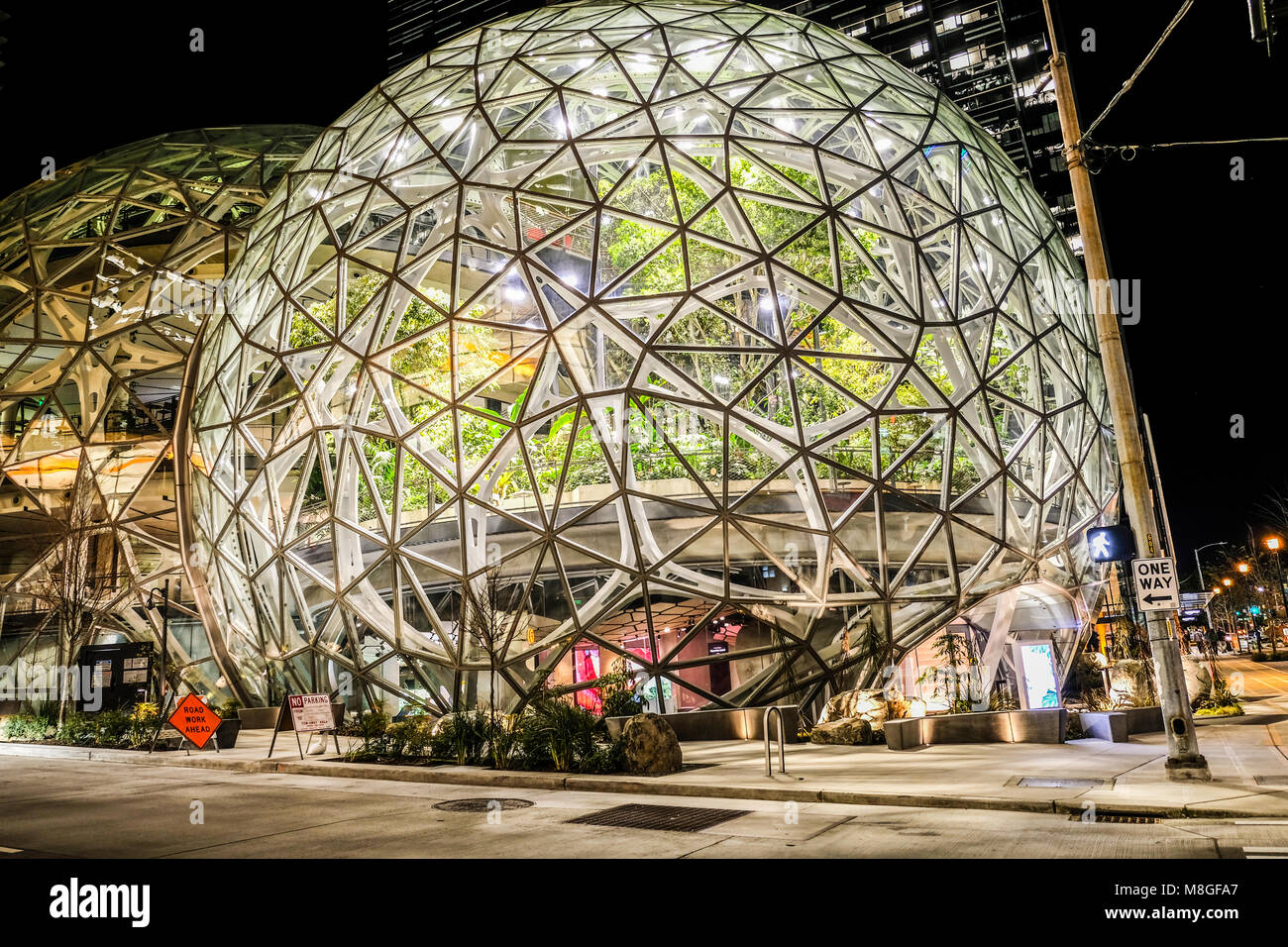 The glass dome Spheres at Amazon headquarter at night in downtown ...