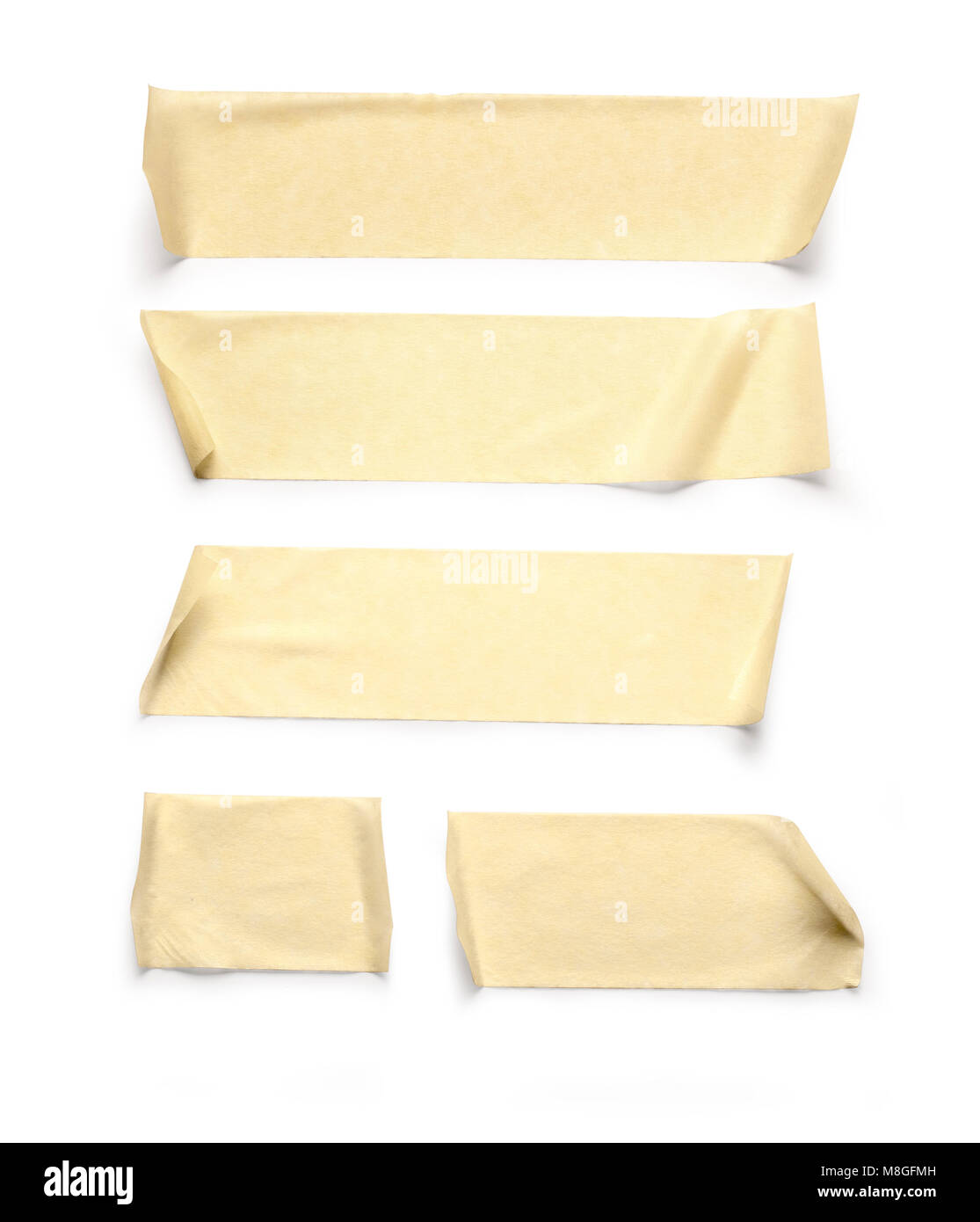 various adhesive tape pieces on white background. Each one is shot ...