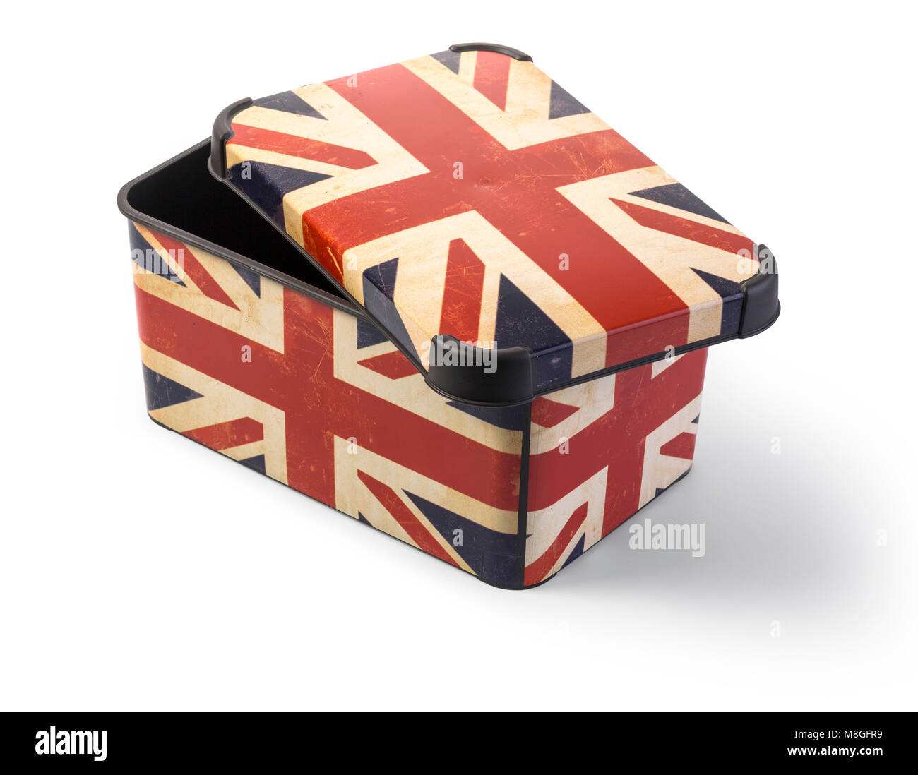 plastic box with UK flag isolated on white background with clipping ...