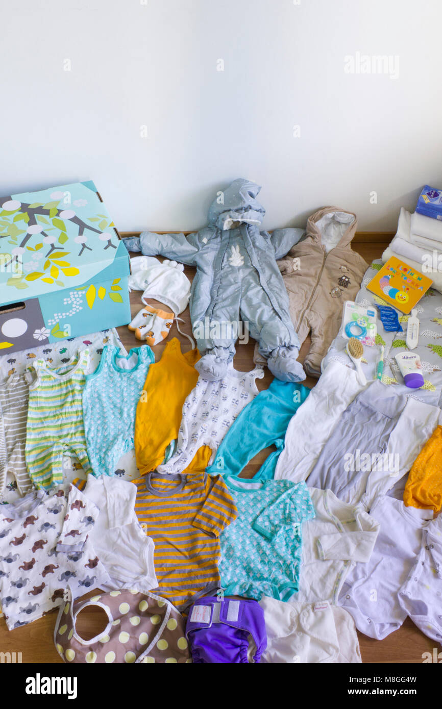 Finnish baby box contents vertical Stock Photo - Alamy