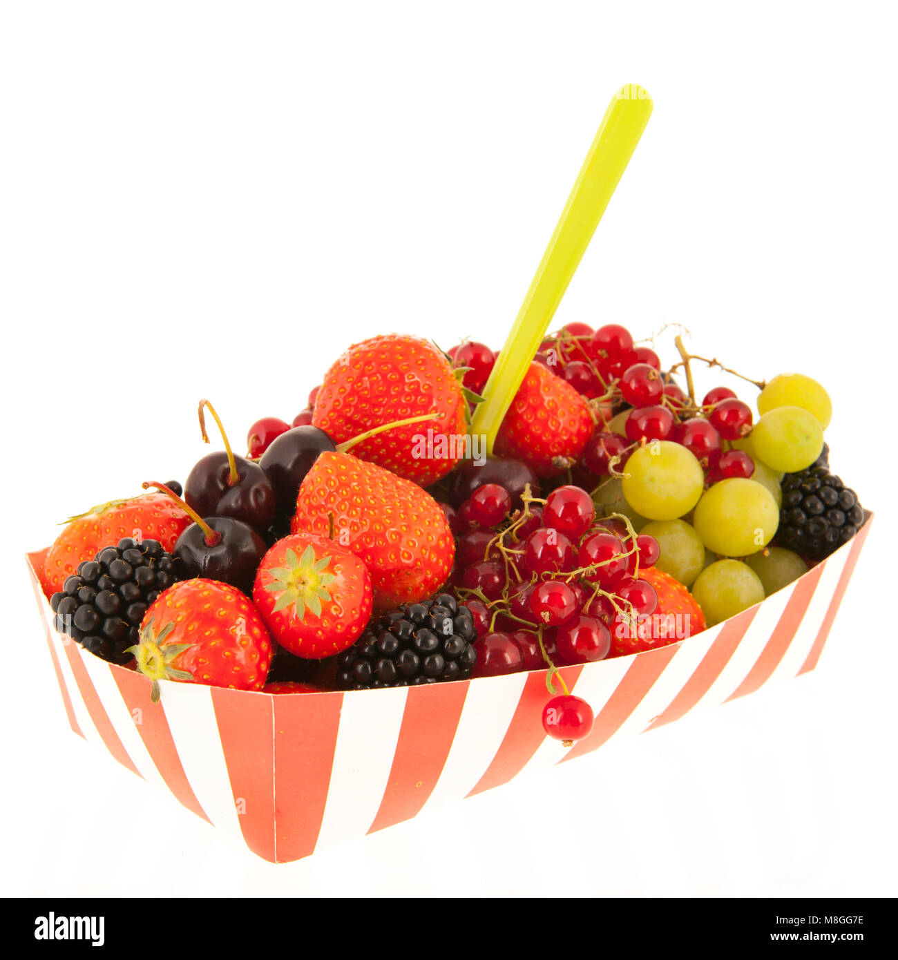 Red snack box with fresh summer fruit isolated over white background ...