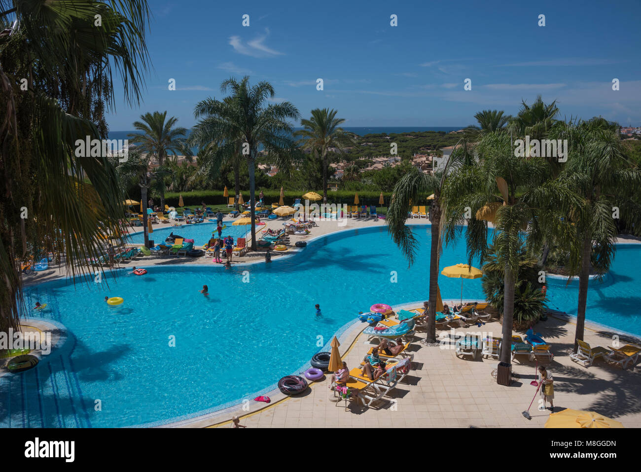 Overlooking a hotel swimming pool, Albufeira, Algarve, Portugal Stock ...