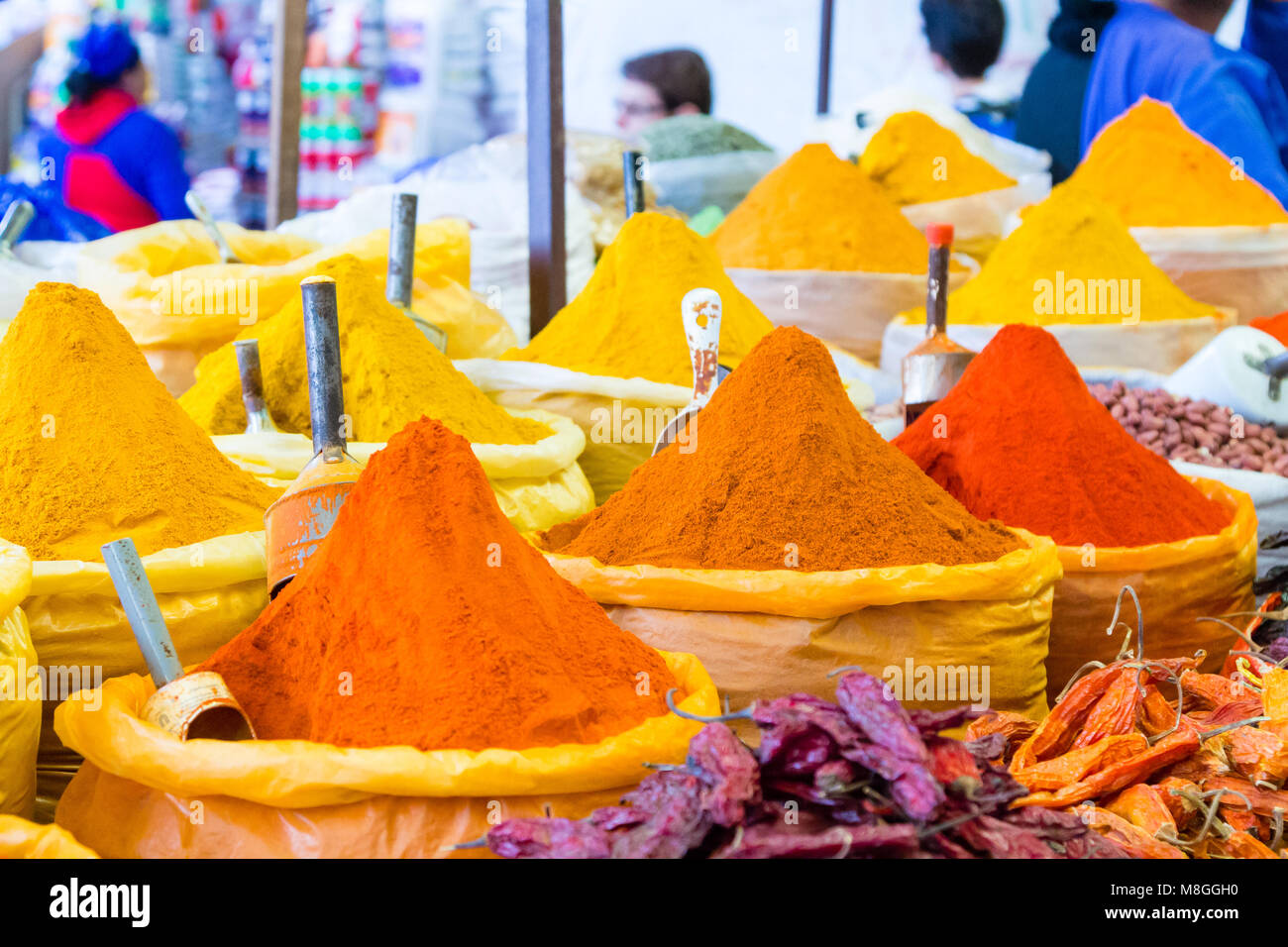 Colorful spices pyramids background. Sucre traditional market, Bolivia ...