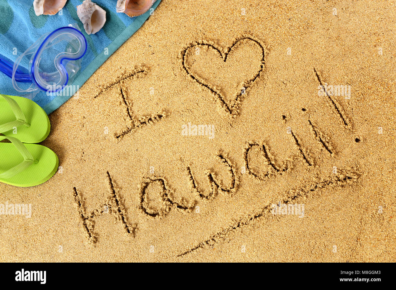 Beach background with towel and flip flops and the words I Love Hawaii ...