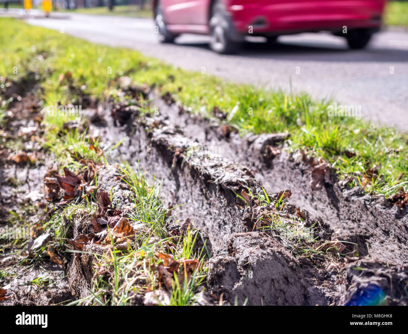 Closeup view of car wheel tracks traces in mud next to British road ...