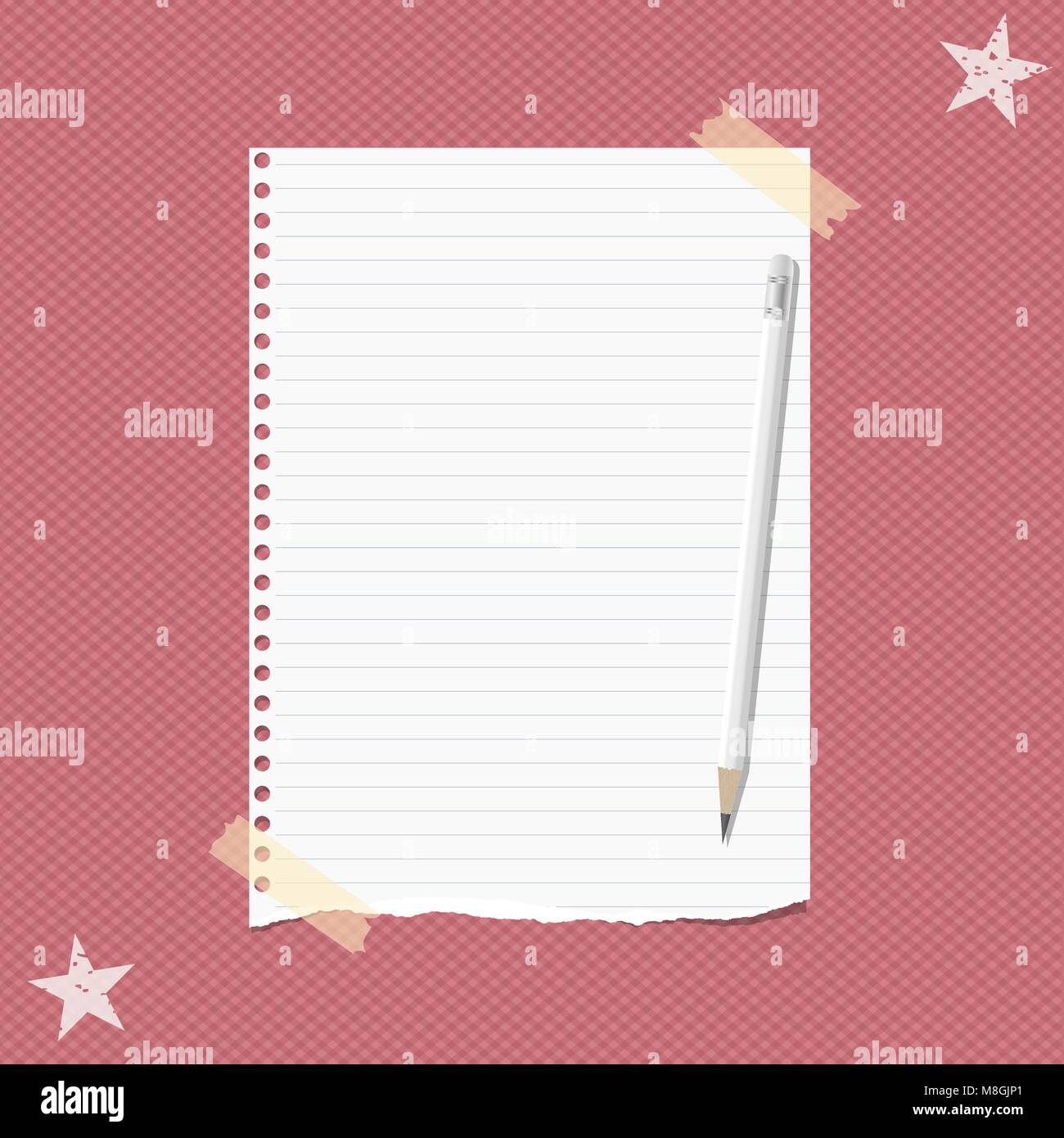 Torn white lined note, notebook paper sheet for text with pencil, stuck ...
