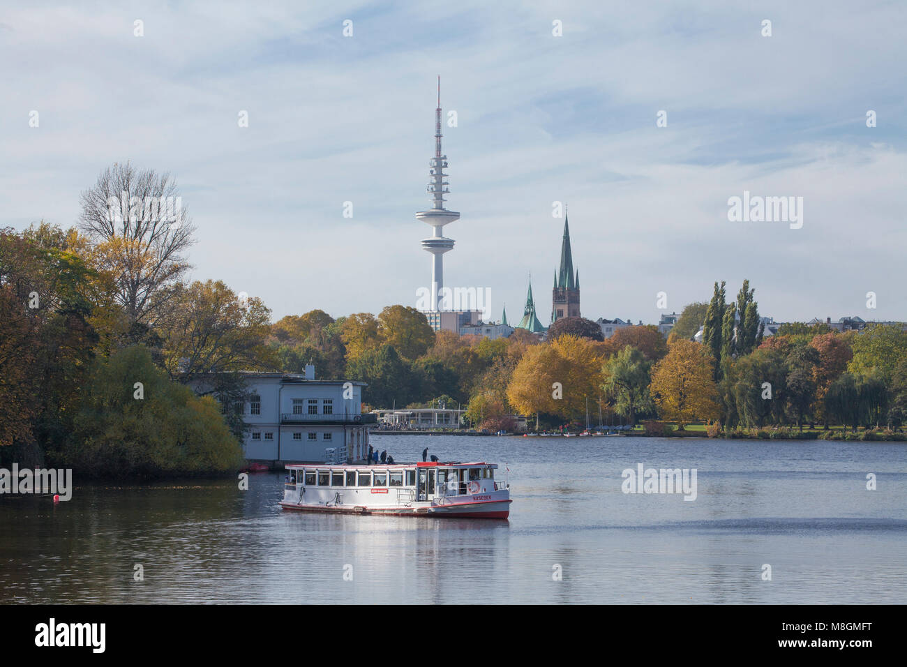 TV-Tower, Ship on the Alster, Außenalster, Hamburg, Germany, Europe ...