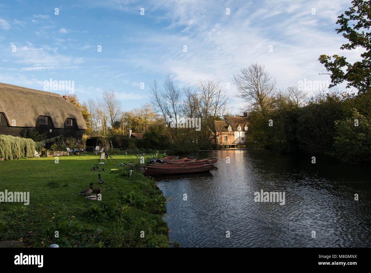 Suffolk countryside summer Pond at Flatford Mill Constable country boat ...