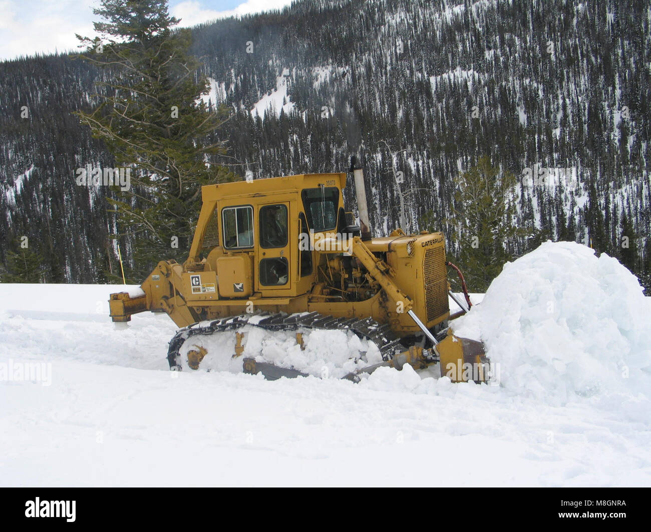 Cat pushing snow to the blowers on Sylvan Pass .Spring plowing Stock ...