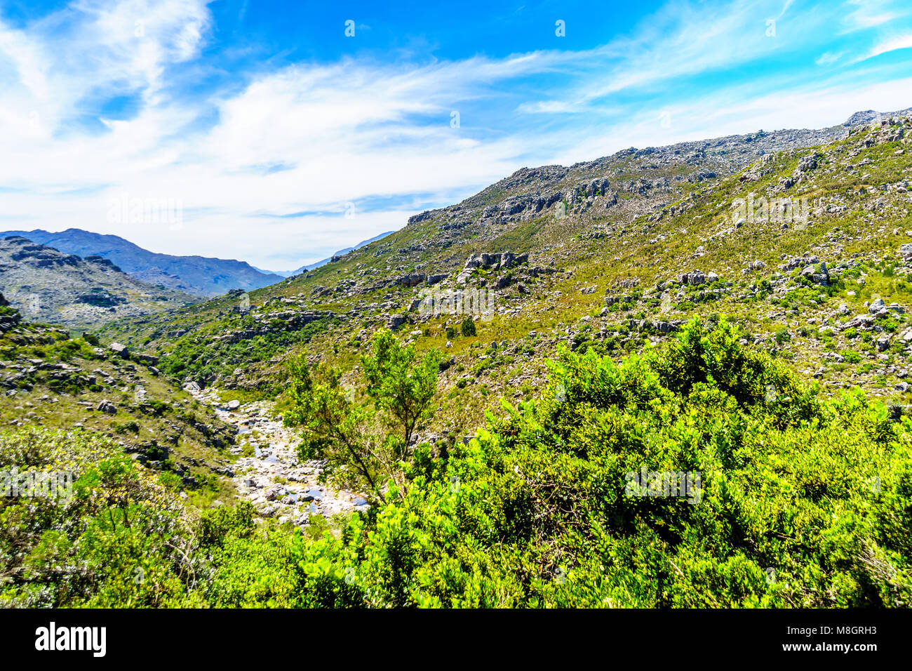 The narrow and scenic Bainskloof Pass through the Witte River or ...