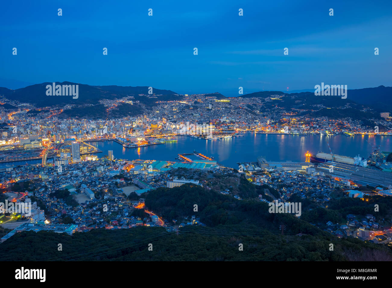 View of Nagasaki city skyline from Mount Inasa at night in Japan Stock ...