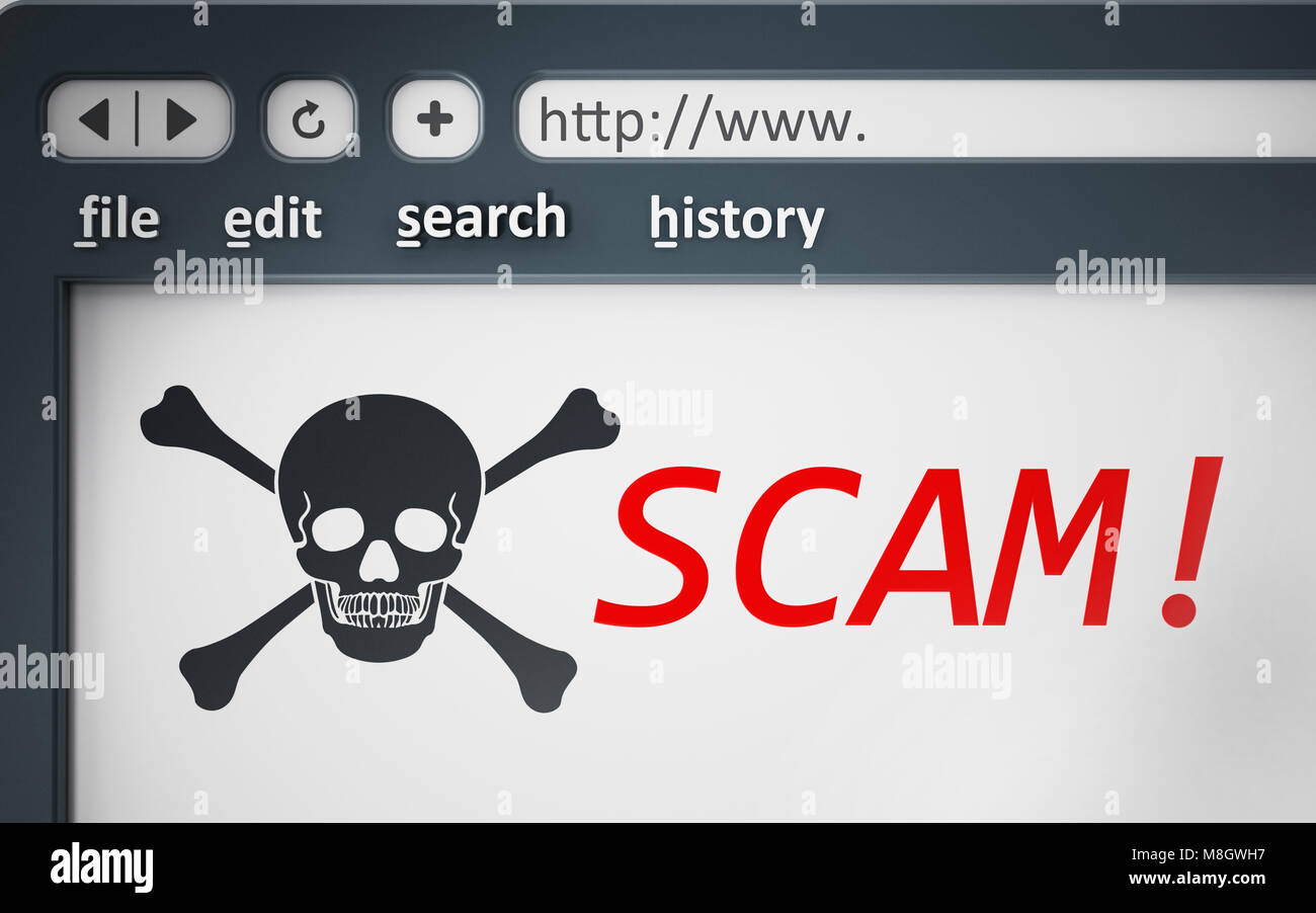 Internet scam browser page with jolly roger. 3D illustration Stock ...