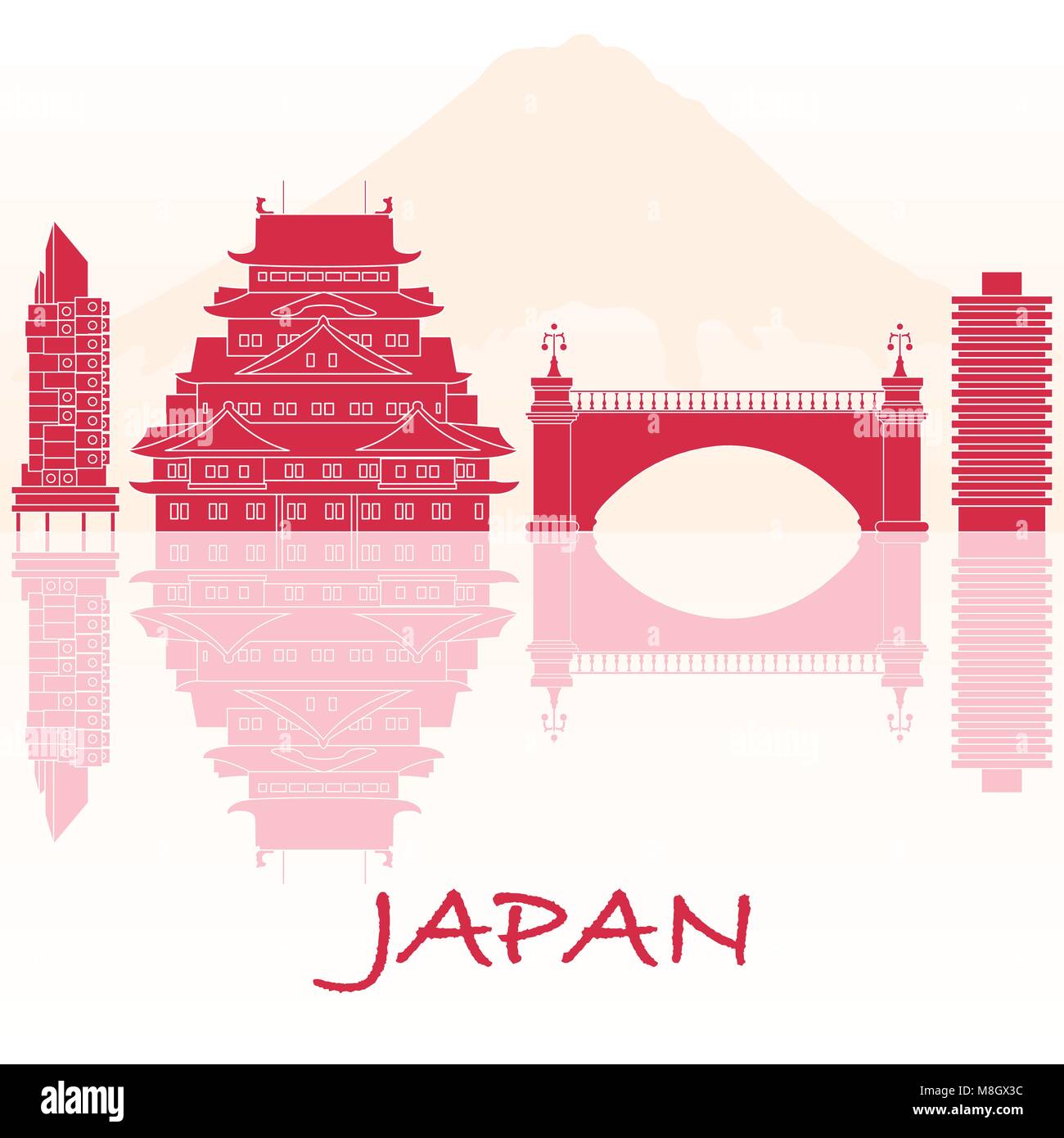 Japanese architecture. Building, suspension bridge and castle. Backdrop ...