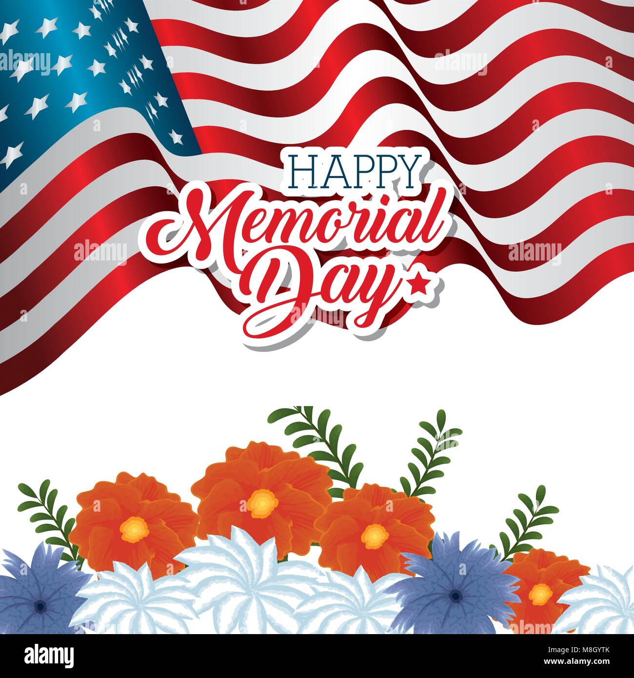 happy memorial day with beautiful flowers and usa flags vector ...