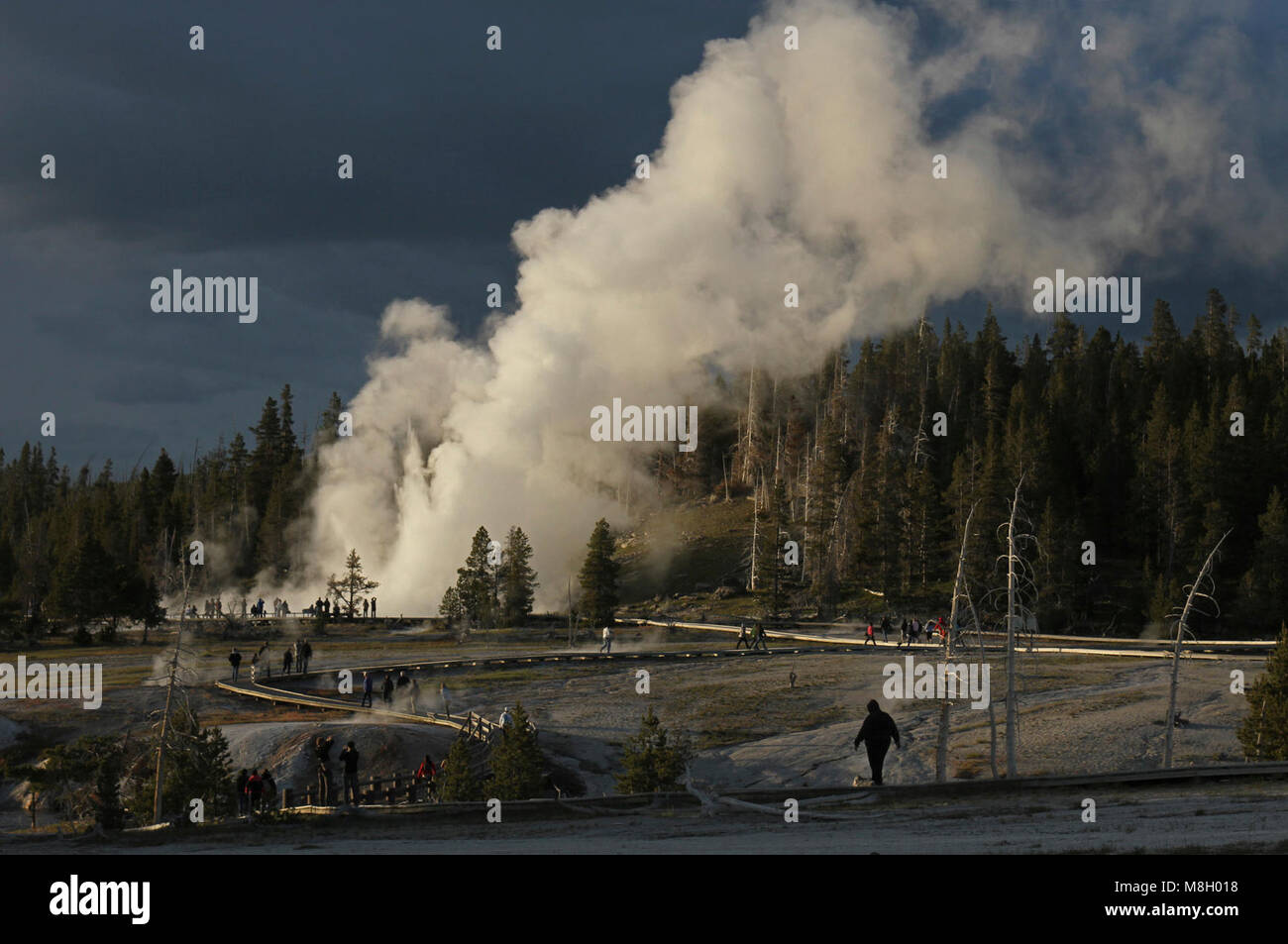 Grand Geyser .Grand Geyser and visitors on boardwalk in Upper Geyser ...