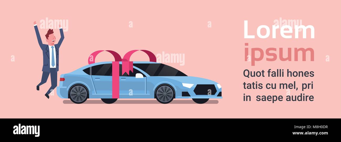 Happy Man Buy New Car Over Vechicle With Ribbon And Bow Background ...