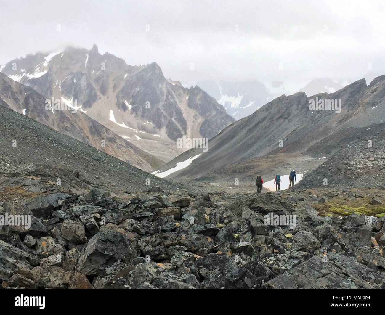 Hikers Between Upper Twin Lake and Kijik .A group of hikers are dwarfed ...