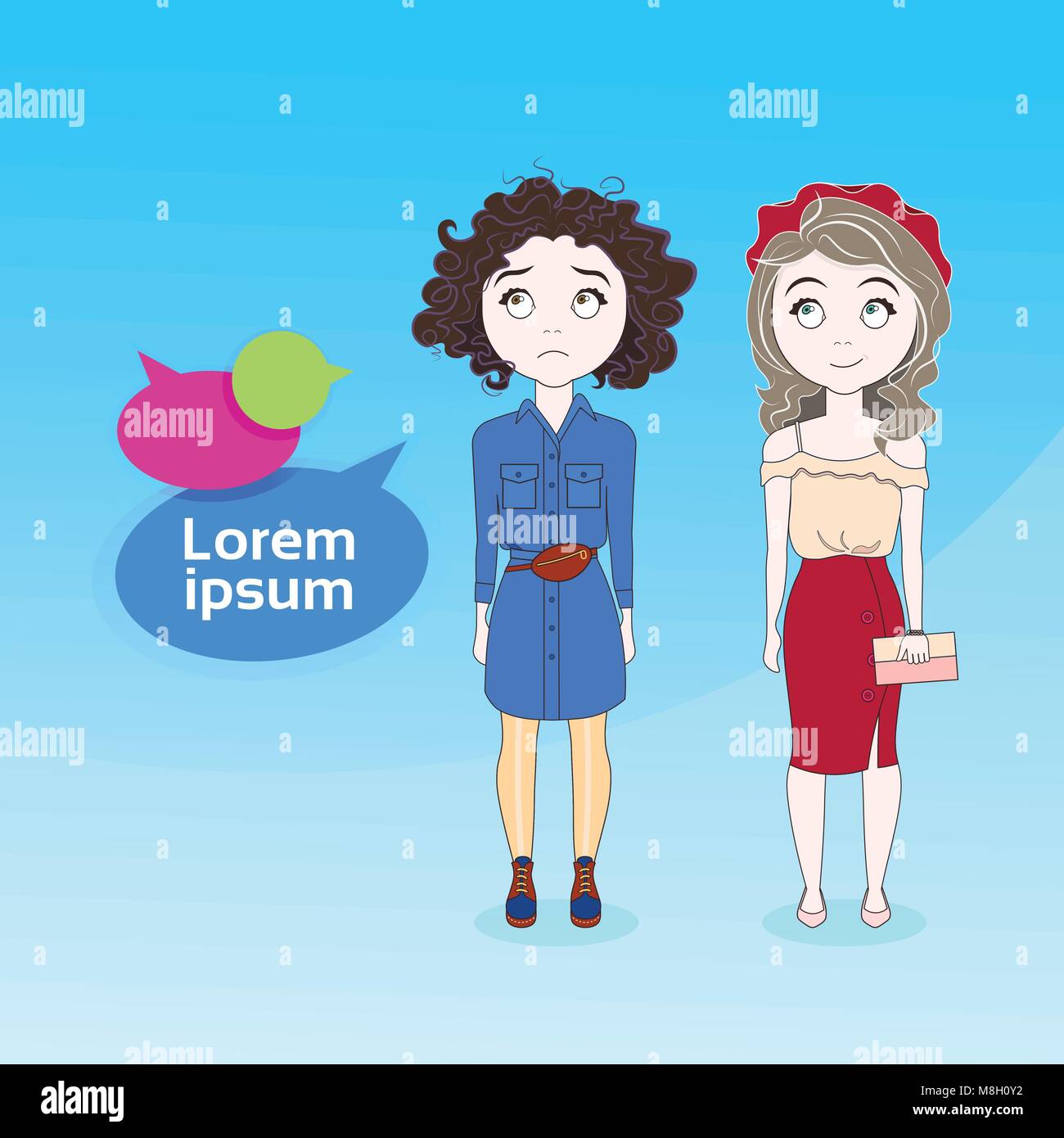 Two Young Female With Chat Bubble Cute Girls Communication Concept ...