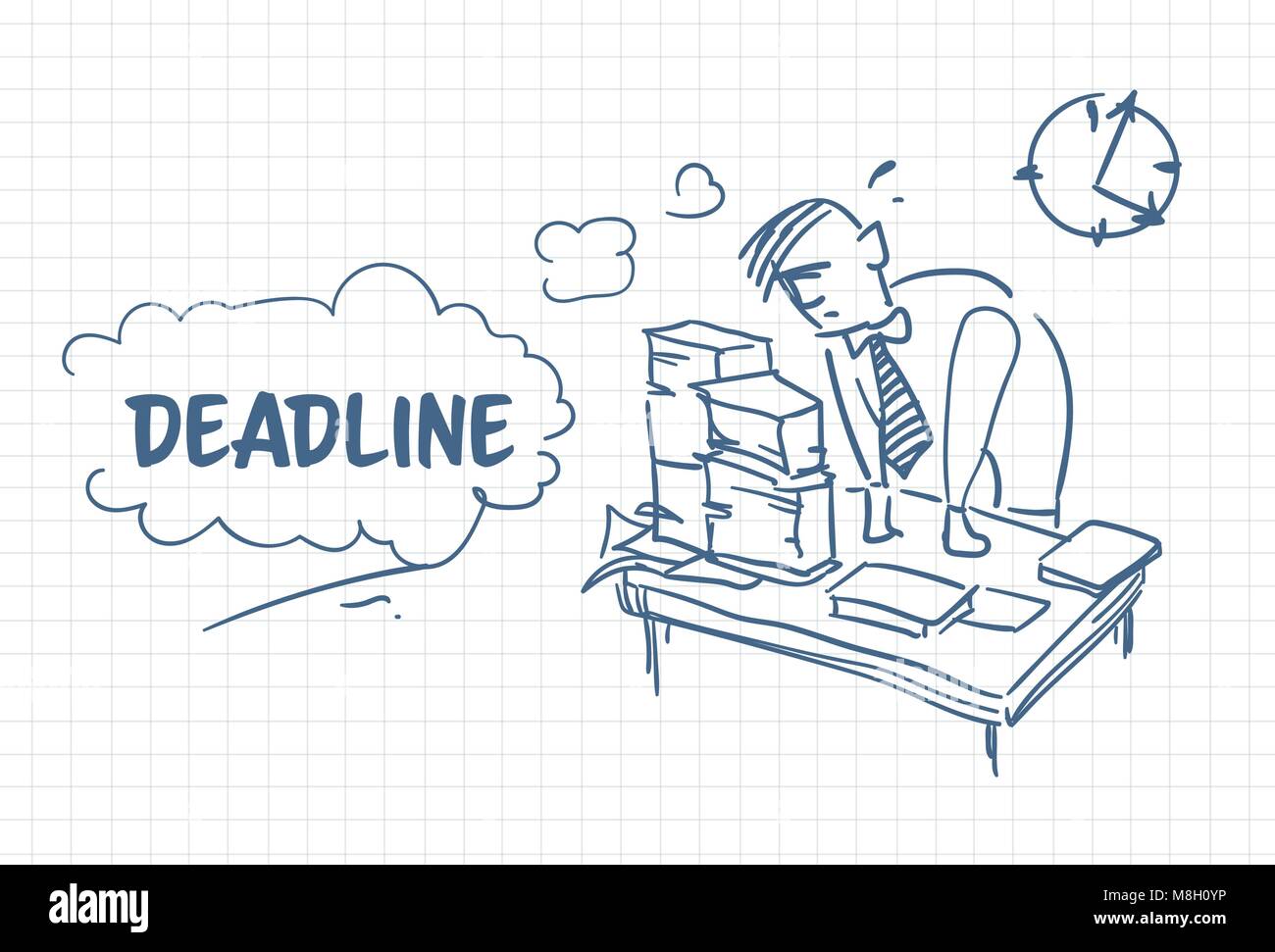 Doodle Business Man With Stack Of Documents Deadline Concept Hand Drawn ...