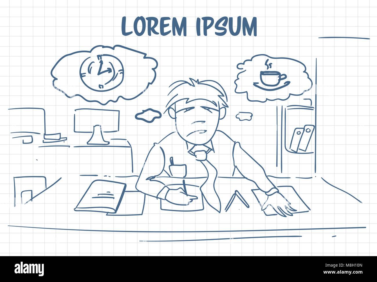 Doodle Business Man Work Dreaming Of Break and Vacation Tired Hand ...