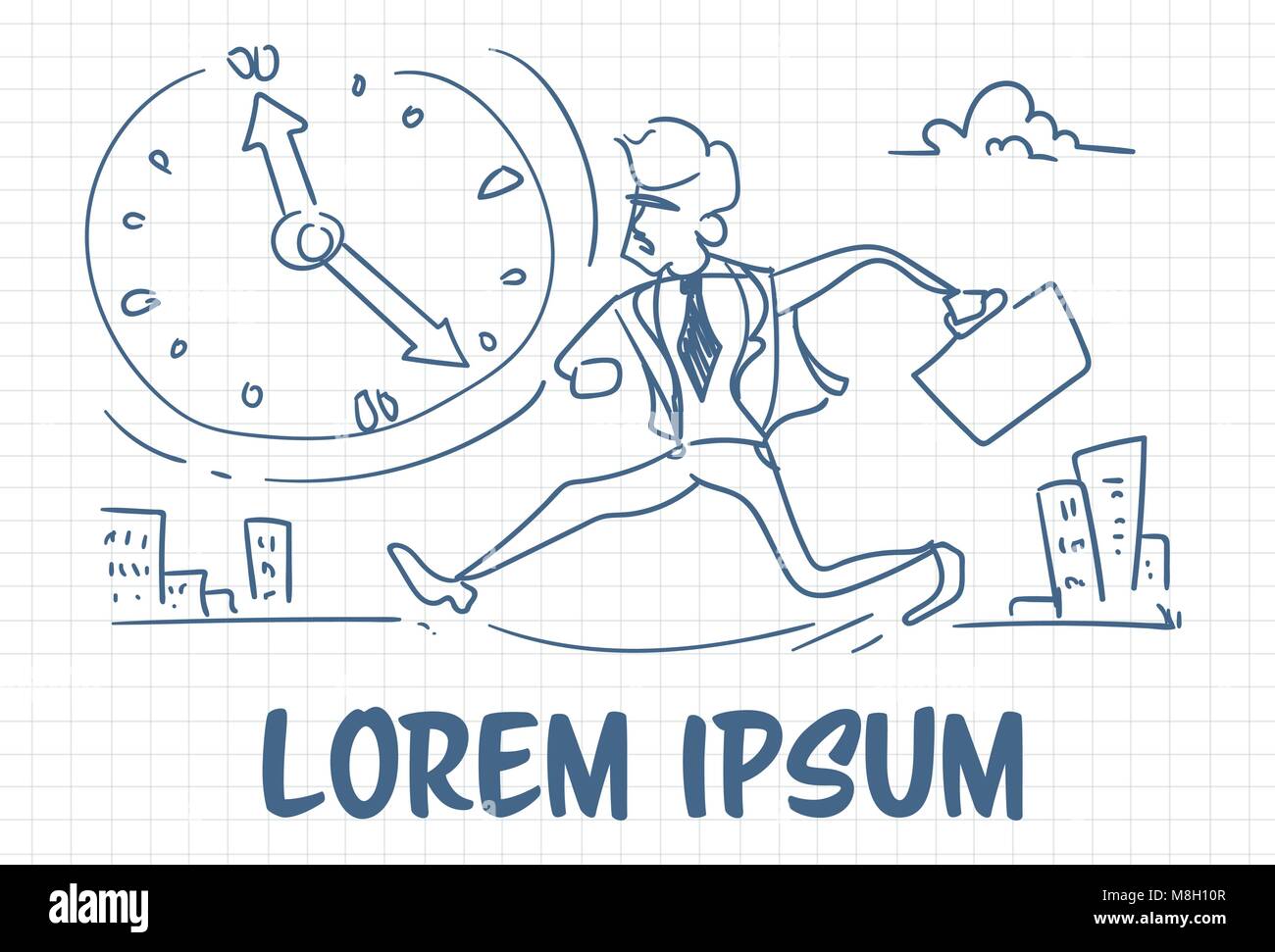 Doodle Business Man Running Over Clock Background Deadline Concept Hand ...