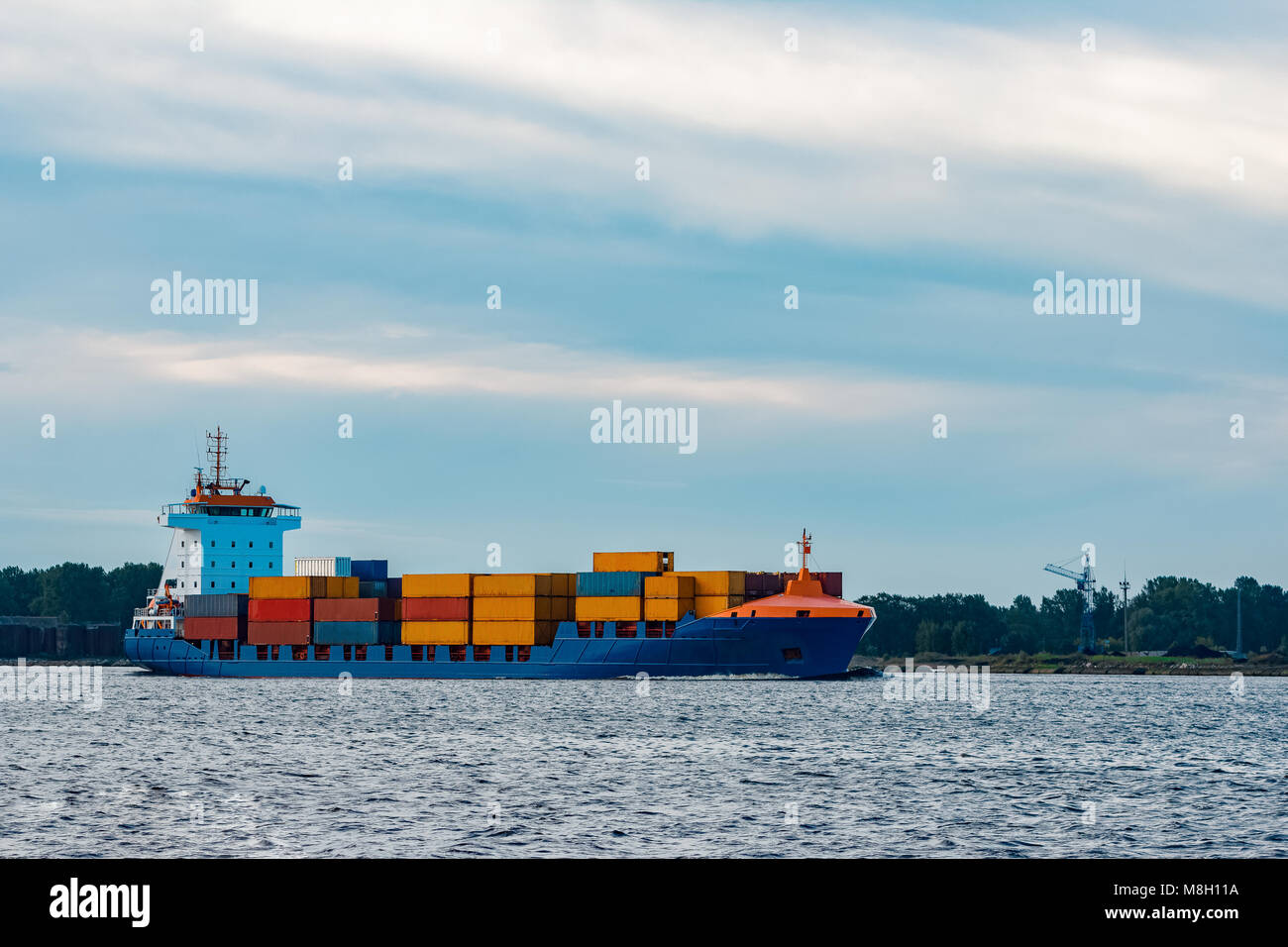 Blue container ship. Global logistics and merchandise transfer Stock ...