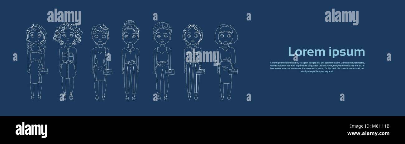 Group Of Sketch Young Woman Cute Girls Outline Full Length On ...