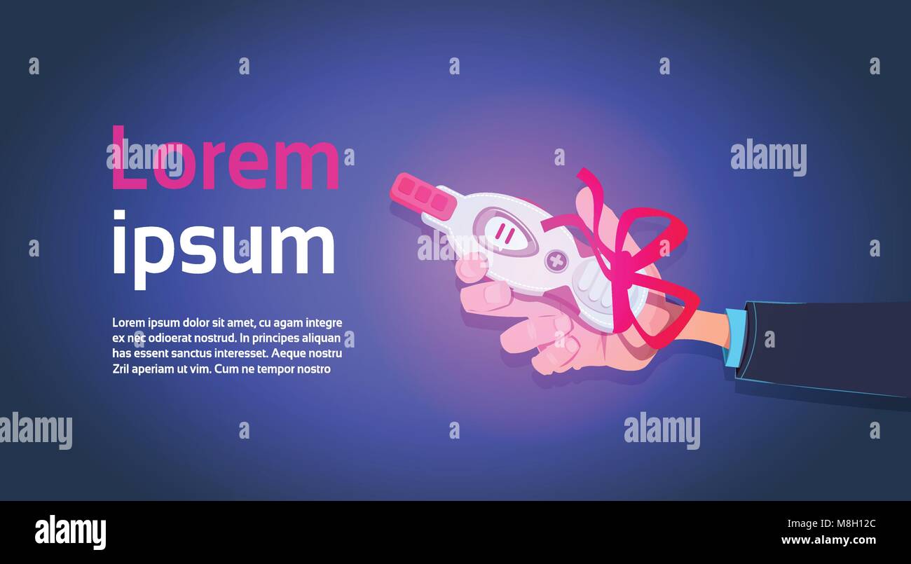Hand Holding Positive Prenancy Test With Red Ribbon Bow Over Template ...