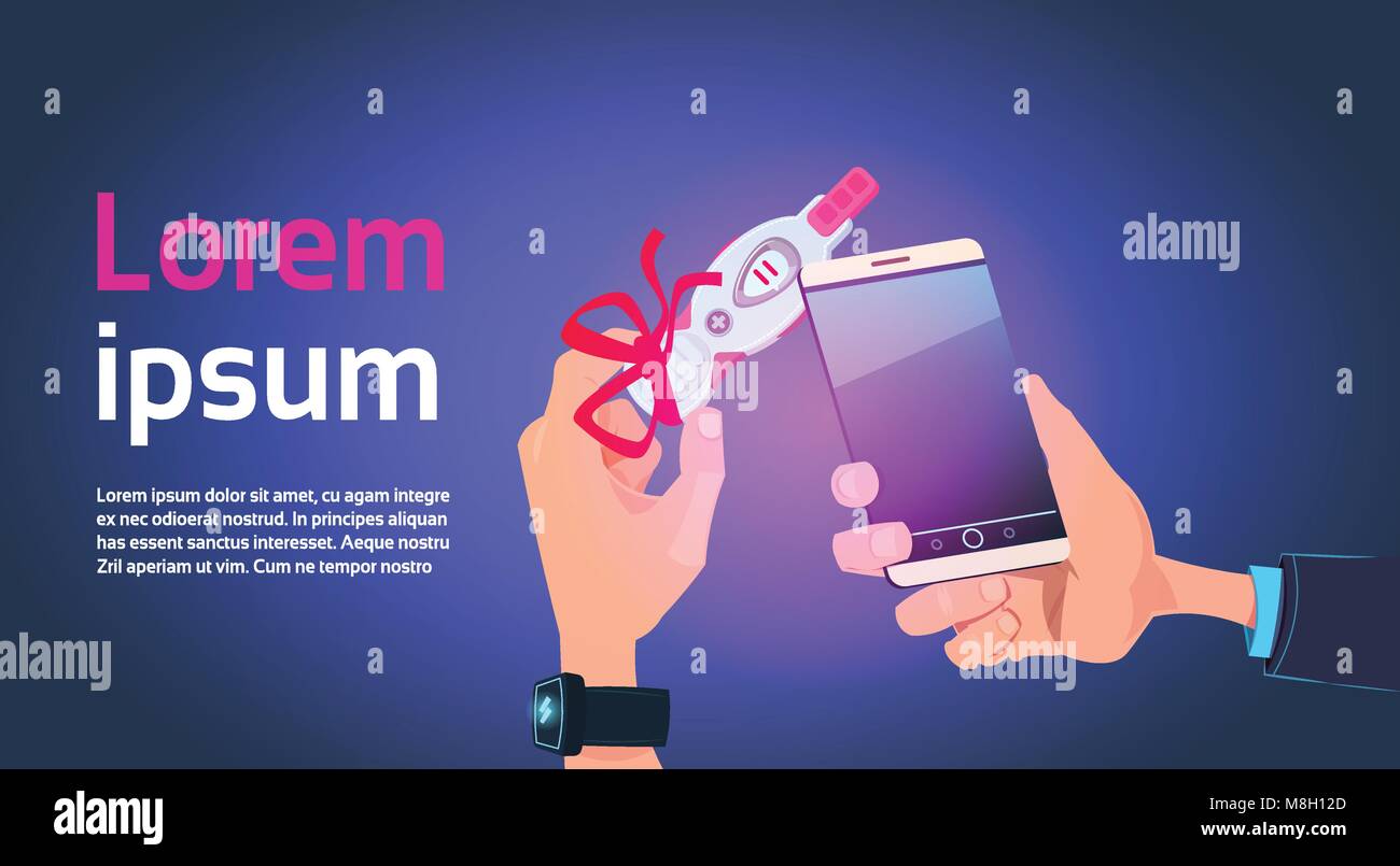 Hand Holding Positive Prenancy Test With Red Ribbon Bow And Smart Phone ...