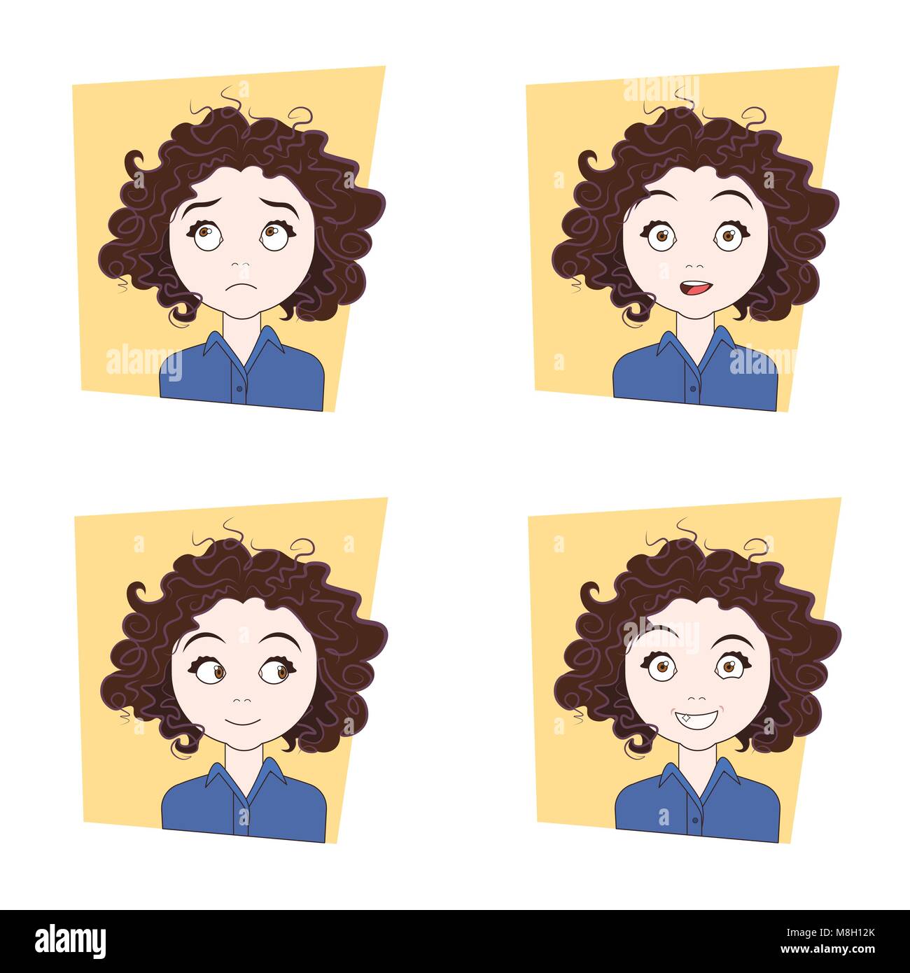 Cute Curly Girl With Different Facial Emotions Set Of Young Woman Face ...