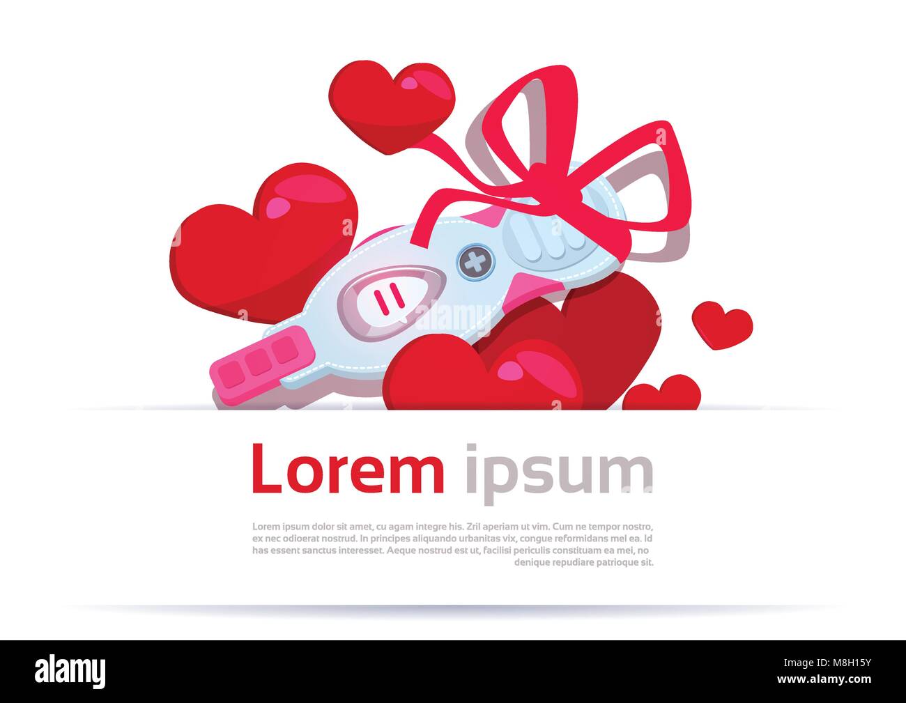 Positive Prenancy Test With Red Ribbon Bow Over Heart Shapes Background ...