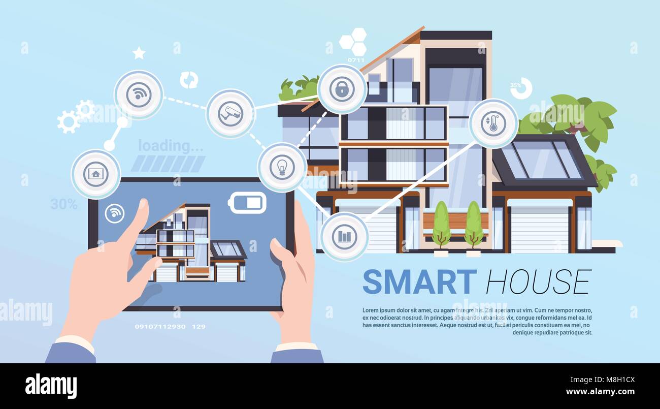Smart Home Management Concept With Hands Holding Tablet Device Stock ...
