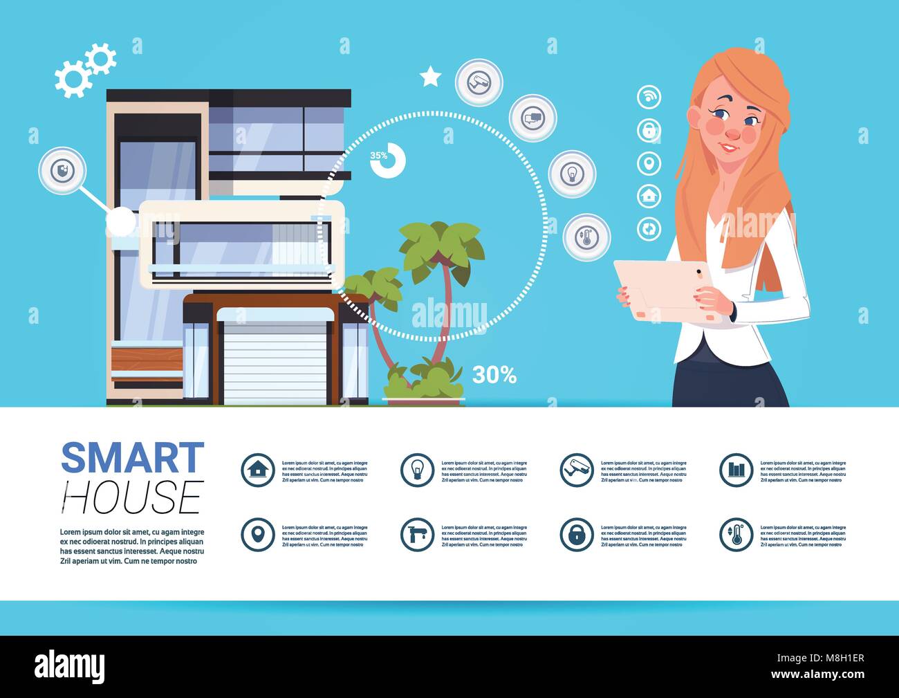 Woman Holding Digital Tablet With Smart Home Control And Administration ...